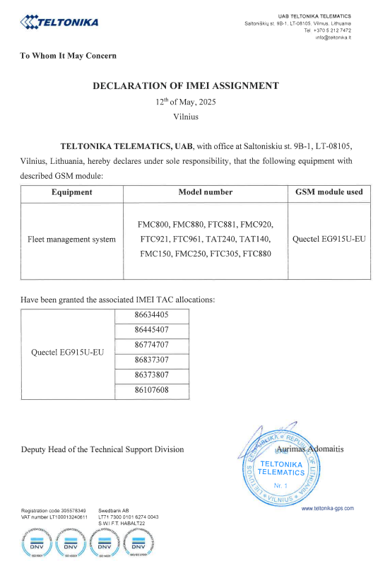 FTC305 Declaration of IMEI assignment - Teltonika Telematics Wiki