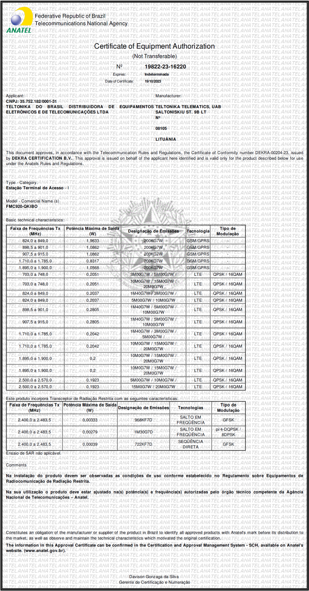 FMC920 Anatel certificate - Wiki Knowledge Base | Teltonika GPS