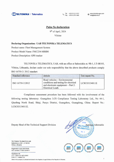 FMC234 Pulse 5a Declaration - Teltonika Telematics Wiki