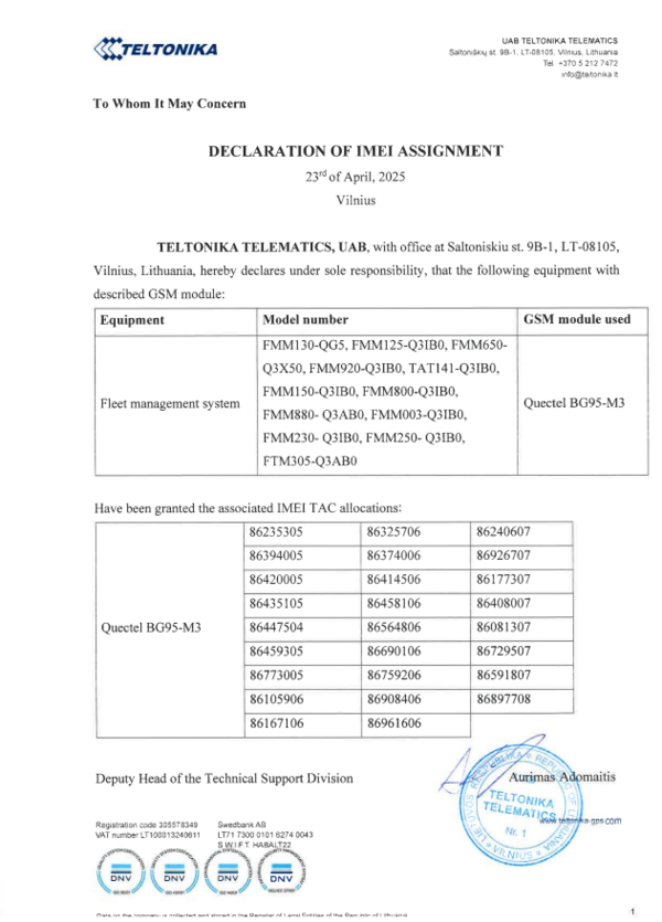 FTM305 Declaration of IMEI assignment - Teltonika Telematics Wiki