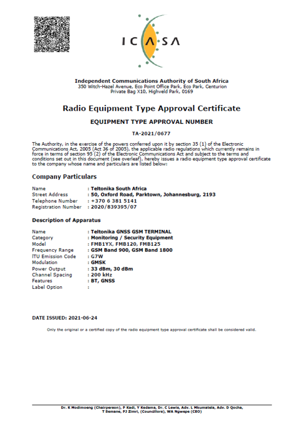 FMB150 ICASA certificate - Wiki Knowledge Base | Teltonika GPS