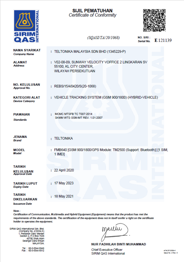 FMB640 SIRIM QAS - Teltonika Telematics Wiki