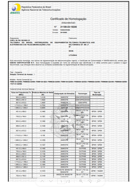 TAT141 Anatel certificate - Teltonika Telematics Wiki