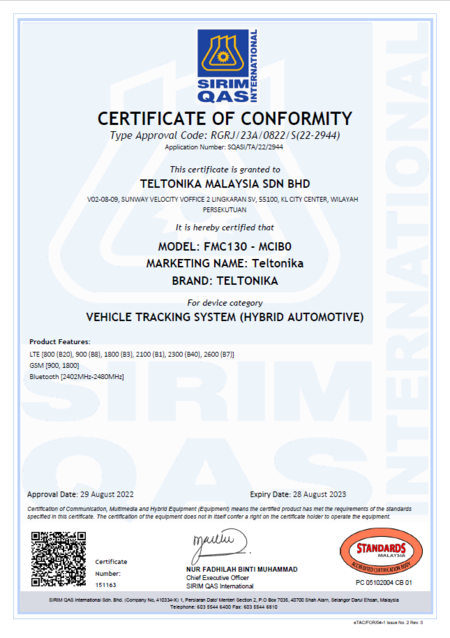 FMC130 SIRIM QAS - Wiki Knowledge Base | Teltonika GPS