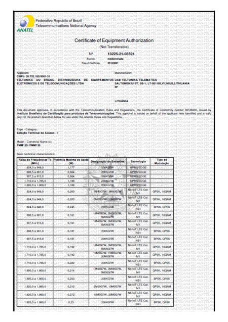 FMM125 Anatel certificate - Teltonika Telematics Wiki