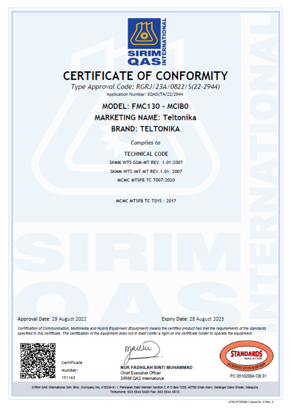 FMC130 SIRIM QAS - Wiki Knowledge Base | Teltonika GPS