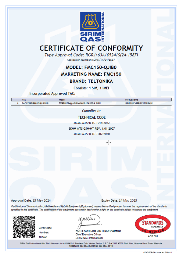 FMC150 SIRIM QAS - Teltonika Telematics Wiki
