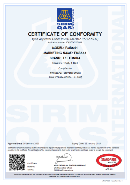 FMB641 SIRIM QAS - Teltonika Telematics Wiki