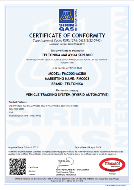 FMC003 SIRIM QAS - Teltonika Telematics Wiki