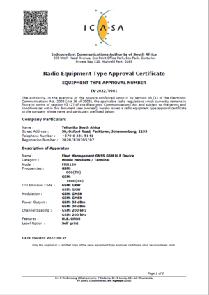 FMB130 ICASA certificate - Teltonika Telematics Wiki