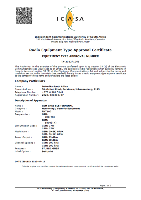 FMT100 ICASA certificate - Wiki Knowledge Base | Teltonika GPS