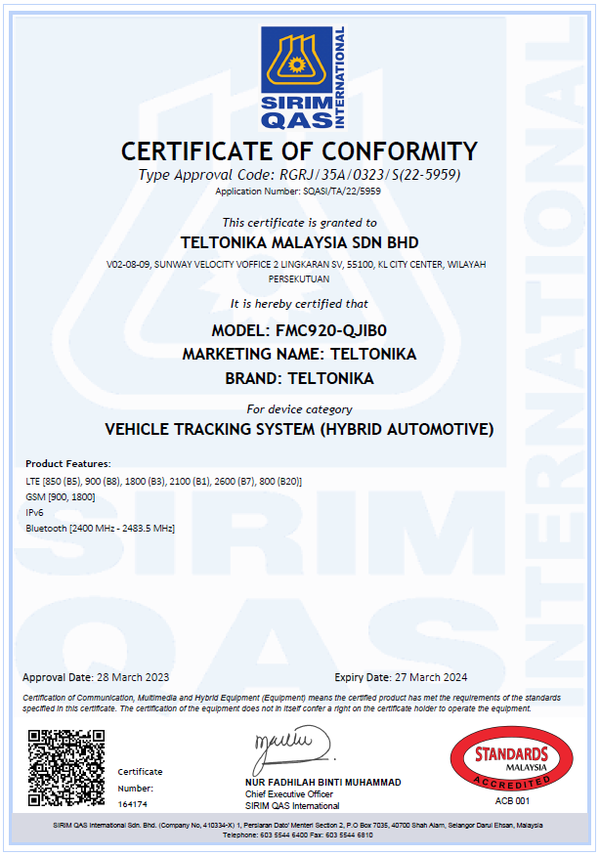 FMC920 SIRIM QAS - Wiki Knowledge Base | Teltonika GPS