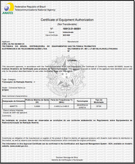 BTSID1 ANATEL - Teltonika Telematics Wiki