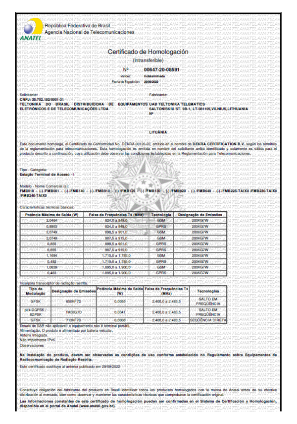 FMB920 Anatel certificate - Teltonika Telematics Wiki