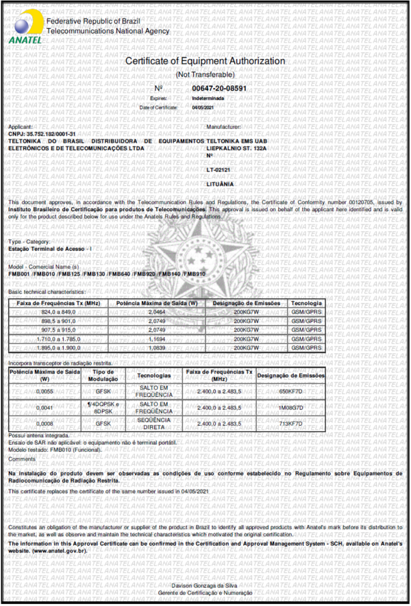 FMB640 Anatel certificate - Wiki Knowledge Base | Teltonika GPS