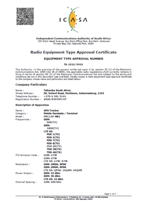 FMC130 ICASA certificate - Teltonika Telematics Wiki