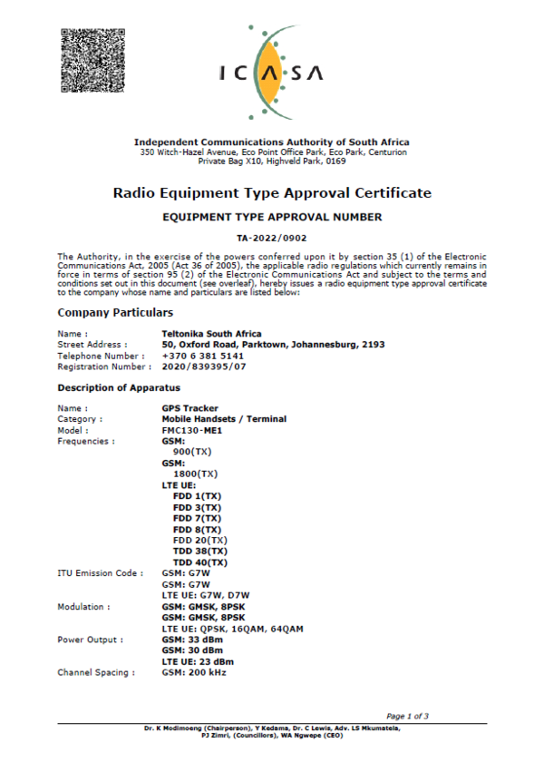 FMC130 ICASA certificate - Teltonika Telematics Wiki