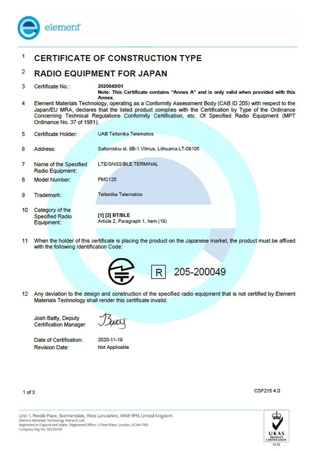 File:FMC125 TELEC certificate first page.jpg - Teltonika Telematics Wiki