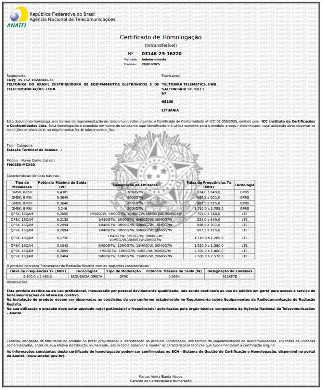 File:Anatel Certification FMC650-MCX50.png - Teltonika Telematics Wiki