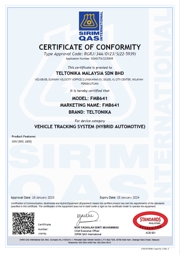 FMB641 SIRIM QAS - Teltonika Telematics Wiki