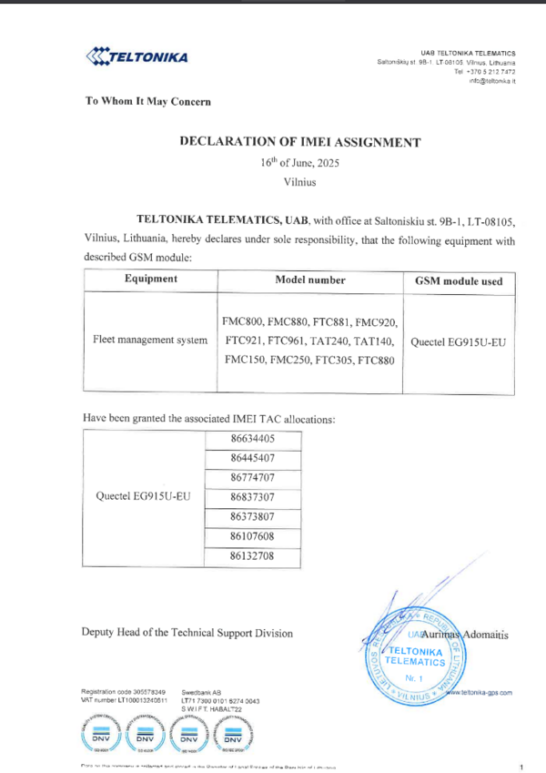 FTC881 Declaration of IMEI assignment - Teltonika Telematics Wiki
