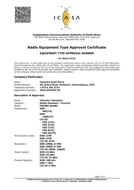 FMC880 ICASA certificate - Teltonika Telematics Wiki