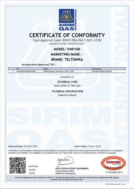 FMP100 SIRIM QAS - Wiki Knowledge Base | Teltonika GPS